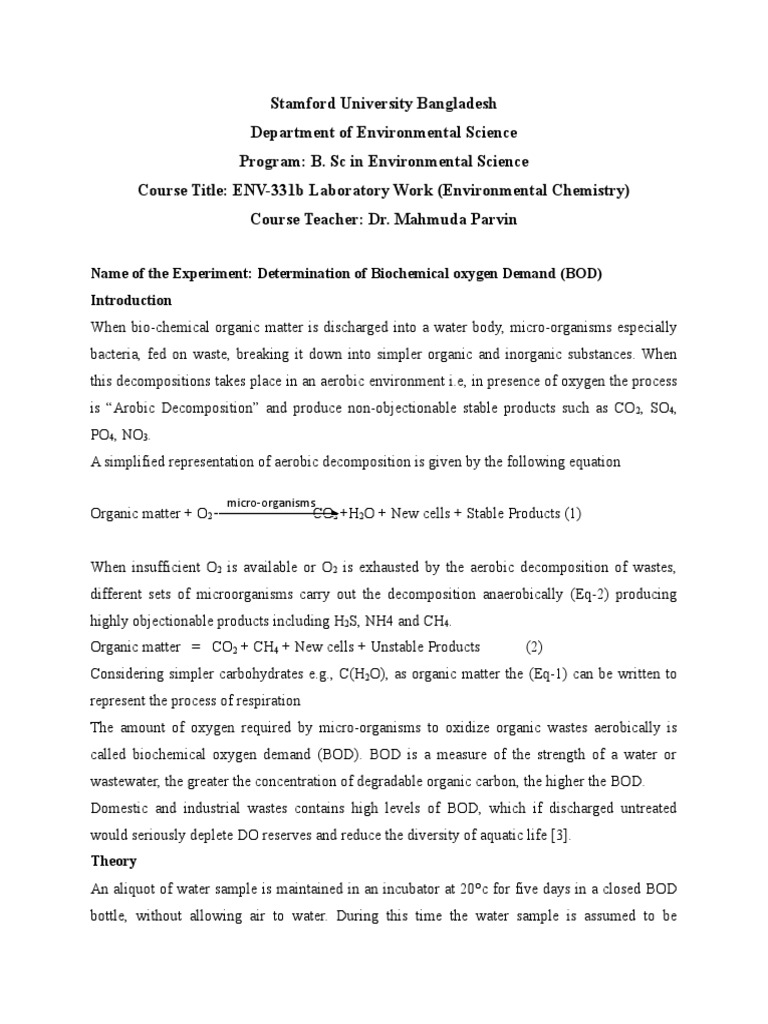 Name of The Experiment: Determination of Biochemical Oxygen Demand (BOD ...