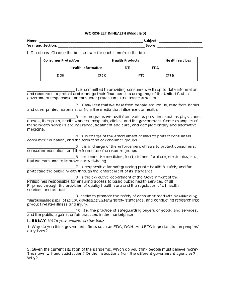 Mapeh Worksheets | PDF | Health Care | Public Health