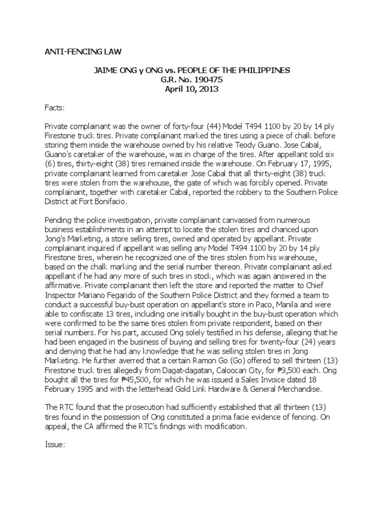 Anti-Fencing Law Jaime Ong Y Ong vs. People of The Philippines G.R. No ...