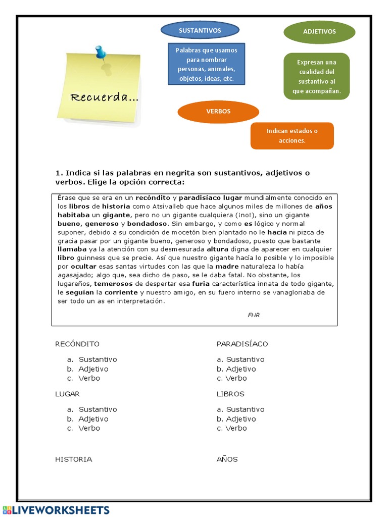 Hoja De Trabajo De Sustantivos, Verbos Y Adjetivos 6ºA – Repaso: