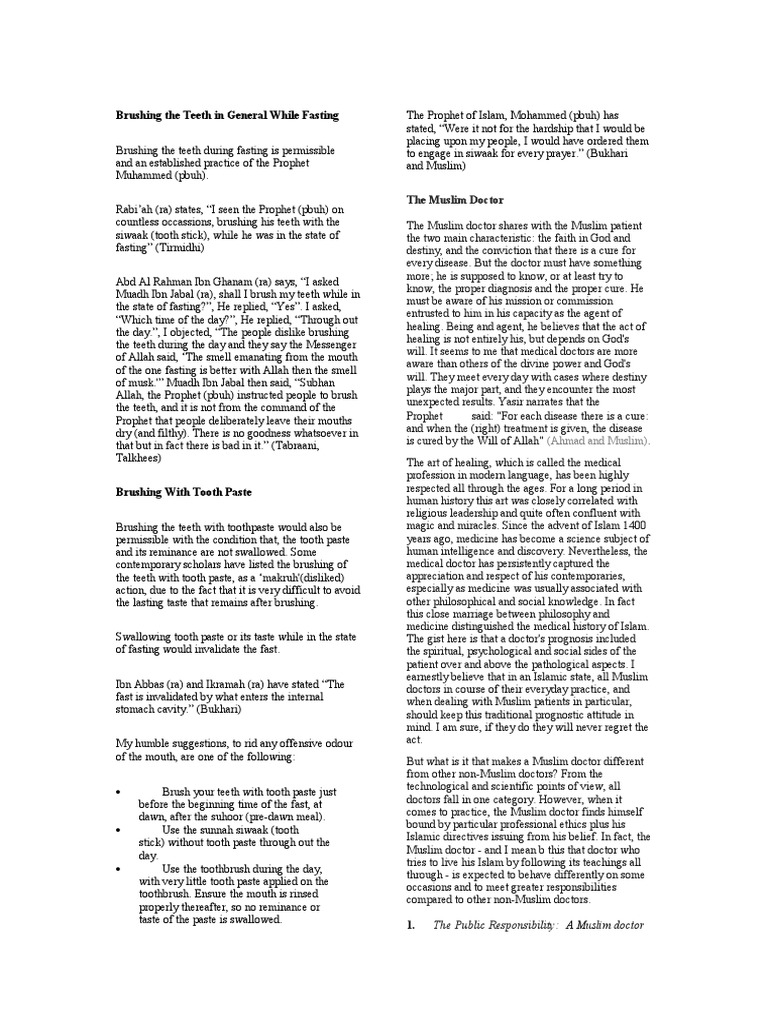 Brushing Teeth While Fasting | PDF | Muhammad | Prophets And Messengers ...