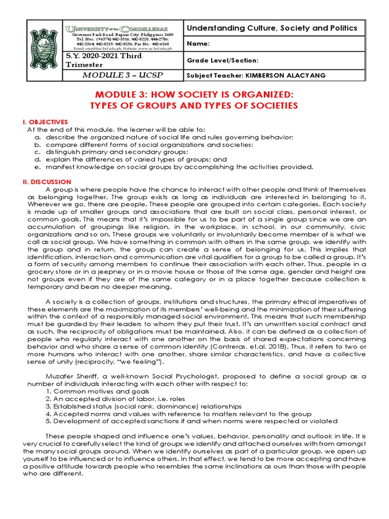 Module 3 Ucsp Cu | PDF | Social Group | Society