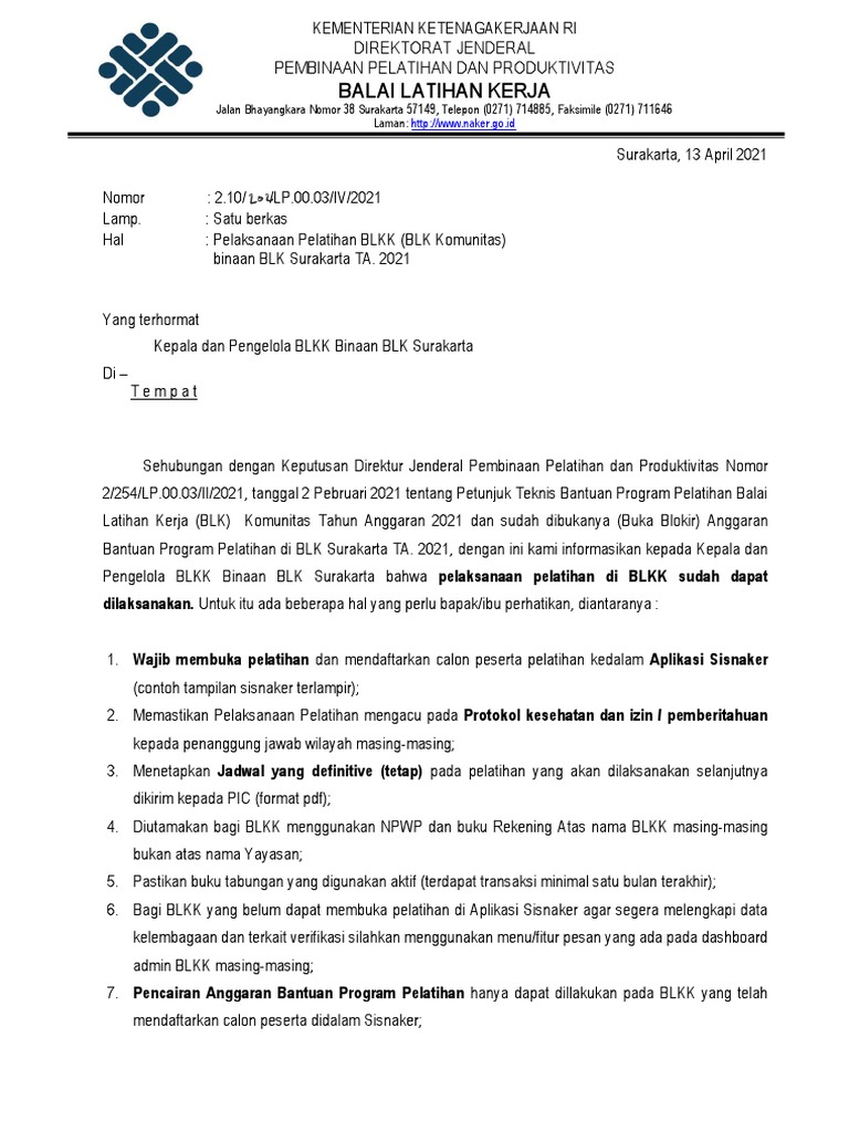 Pemberitahuan Persiapan Pelatihan BLKK 2021 | PDF