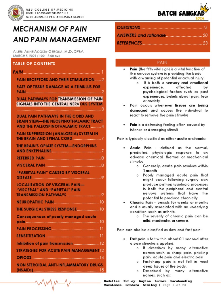 Mechanism of Pain and Pain Management: Questions ANSWERS and Rationale ...