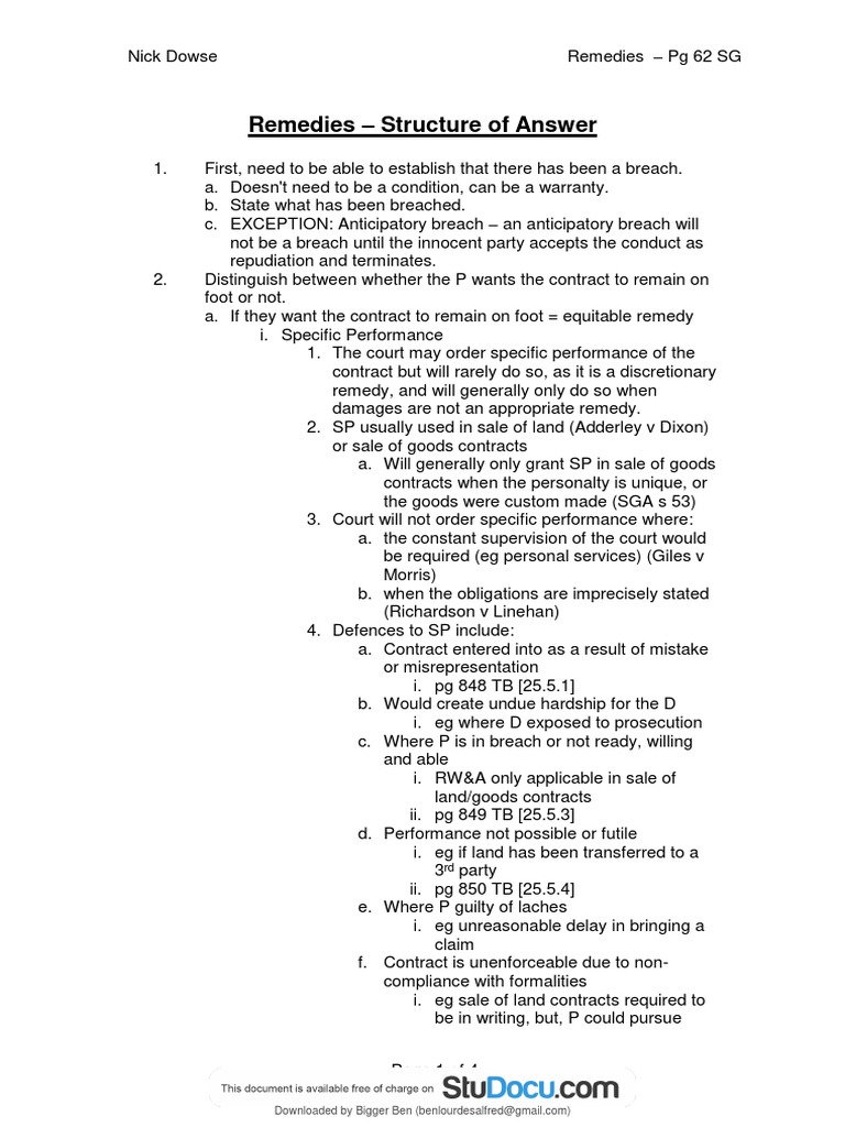 Contract Breach Remedies Guide | PDF | Causation (Law) | Breach Of Contract