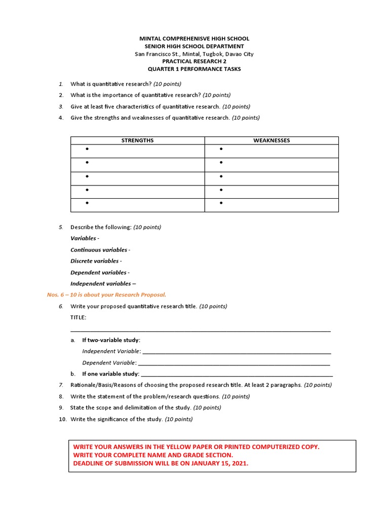 PR2 Quarter 1 Performance Tasks | PDF