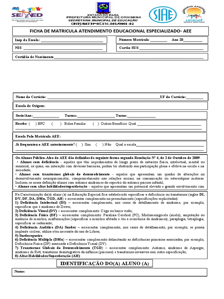 Ficha Matricula Aee Pdf Educação Especial Doenças E Distúrbios