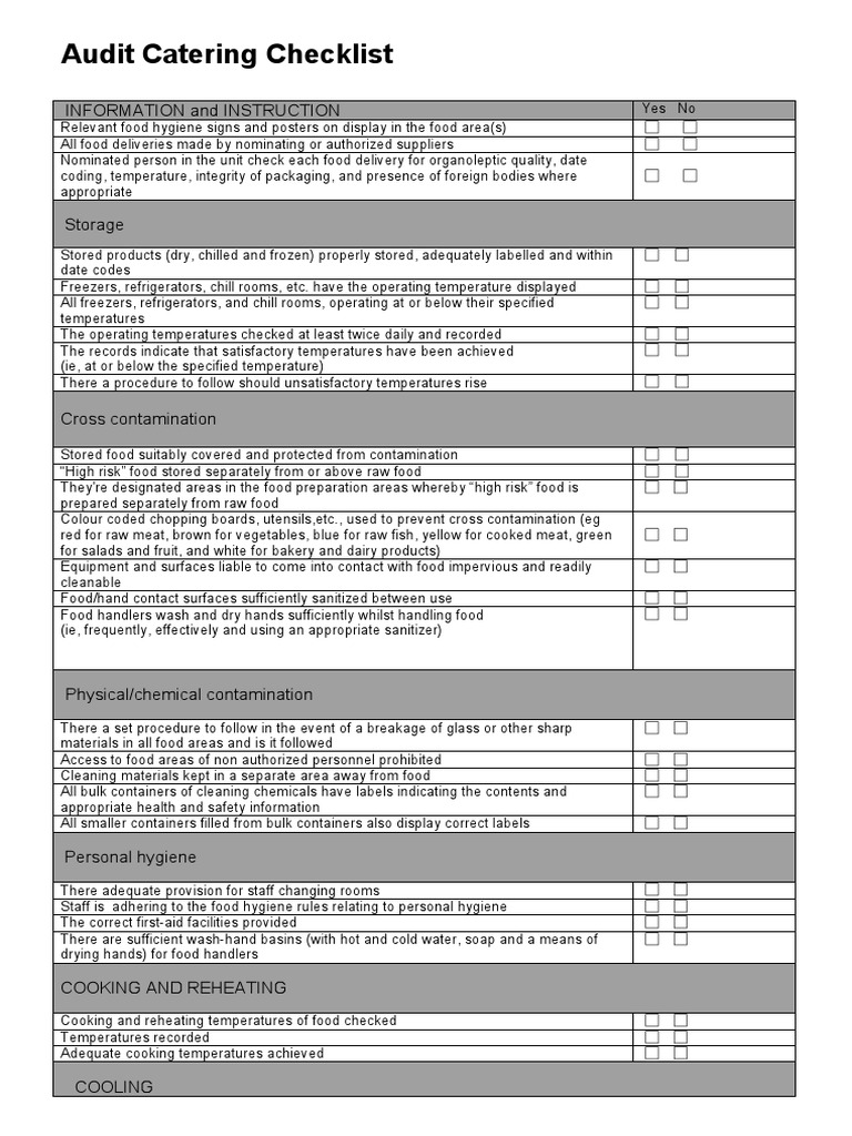 Catering Audit Checklist Template | PDF | Hygiene | Refrigerator