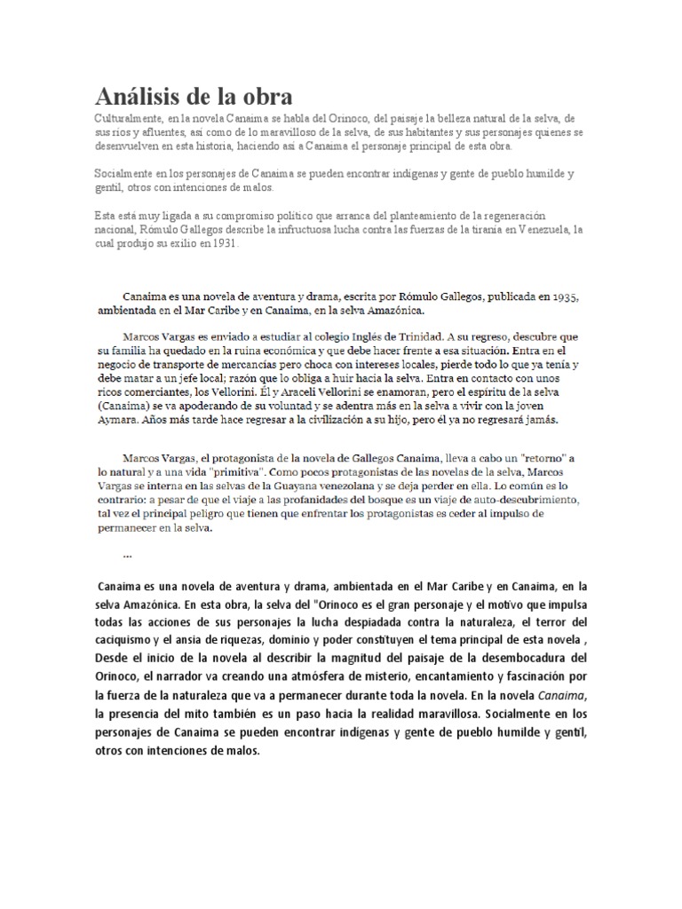 Análisis Canaima novela Rómulo Gallegos | PDF