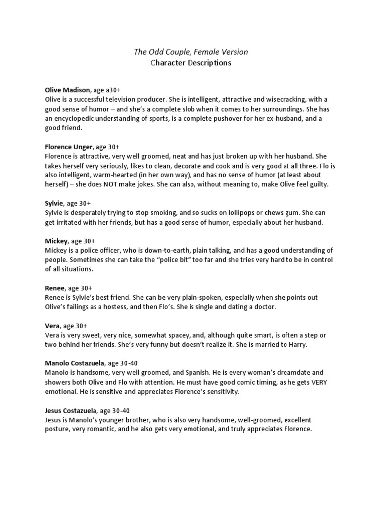 The Odd Couple, Female Version: Character Descriptions | PDF