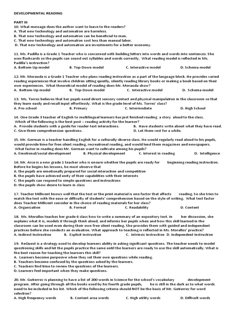 Developmental Reading (Drill) | PDF | Reading Comprehension | Teachers