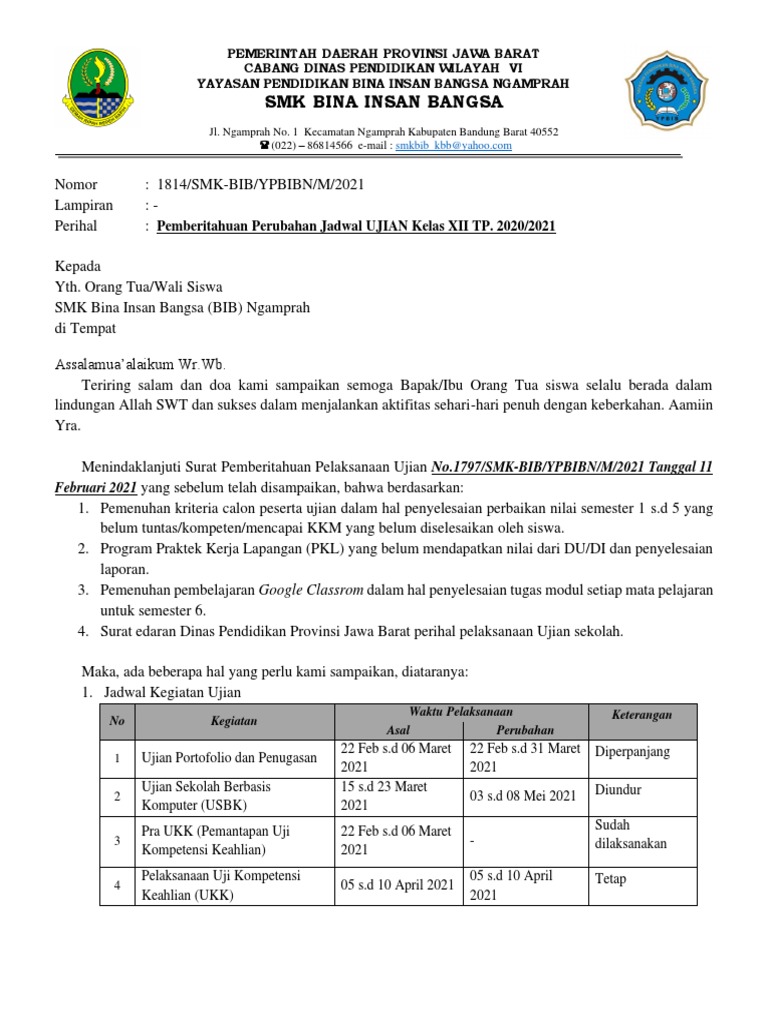 Surat Pemberitahuan Perubahan Jadwal Ujian | PDF