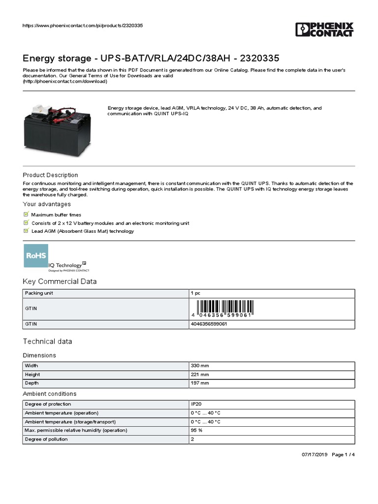 Energy Storage - UPS-BAT/VRLA/24DC/38AH - 2320335: Key Commercial Data ...
