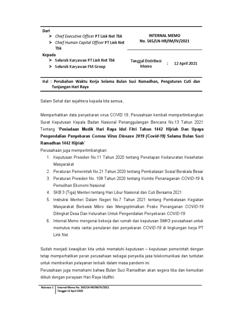 Memo Perubahan Jam Kerja Selama Bulan Ramadhan | PDF