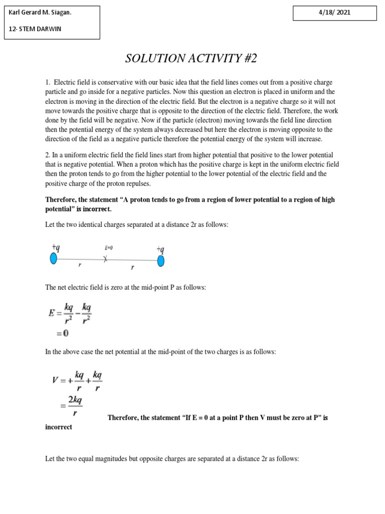 PHYSICS 2 Activity#2 (SOLUTION) | PDF | Electric Charge | Electric Field