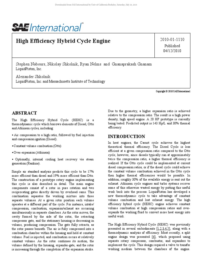 High Efficiency Hybrid Cycle Engine | PDF | Diesel Engine | Internal ...