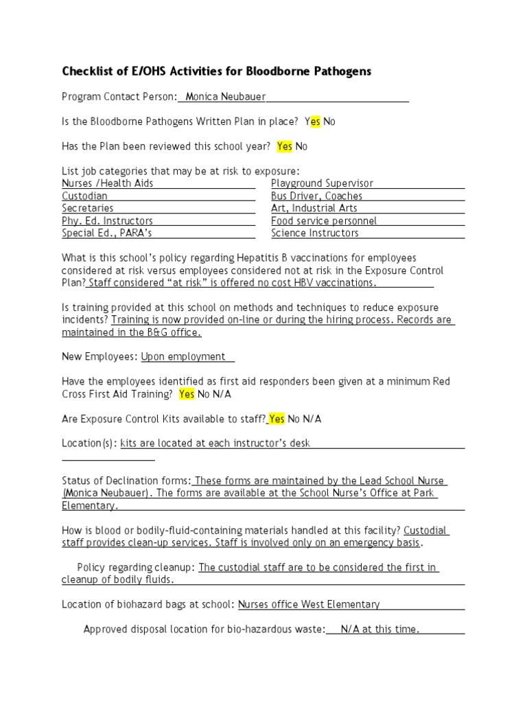 Bloodborne Pathogens E/OHS Checklist | PDF | Self-Improvement | Science ...