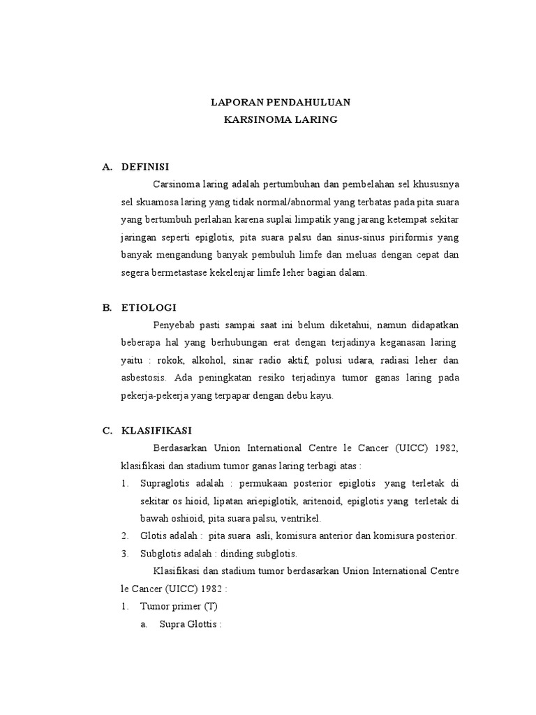 Laporan Pendahuluan Karsinoma Laring: Etiologi, Patofisiologi, dan Penatalaksanaan Kanker Laring ...