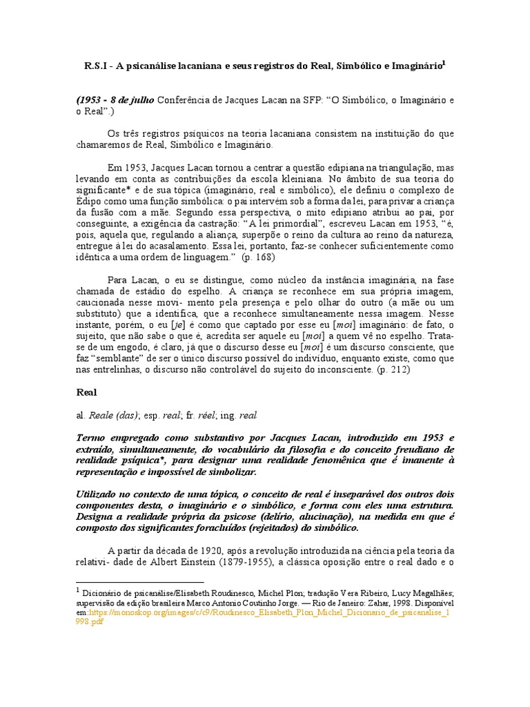Introdução À Tópica Lacaniana - RSI | PDF | Jacques Lacan | Antropologia