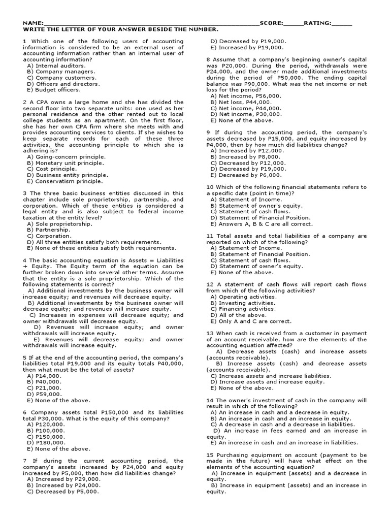 Basic Accounting Multiple Choice | PDF | Debits And Credits | Equity ... Basic Accounting Multiple Choice | PDF | Debits And Credits | Equity ...