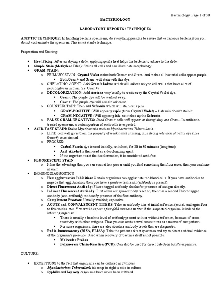 Bacteriology Study Sheet | PDF | Staining | Streptococcus