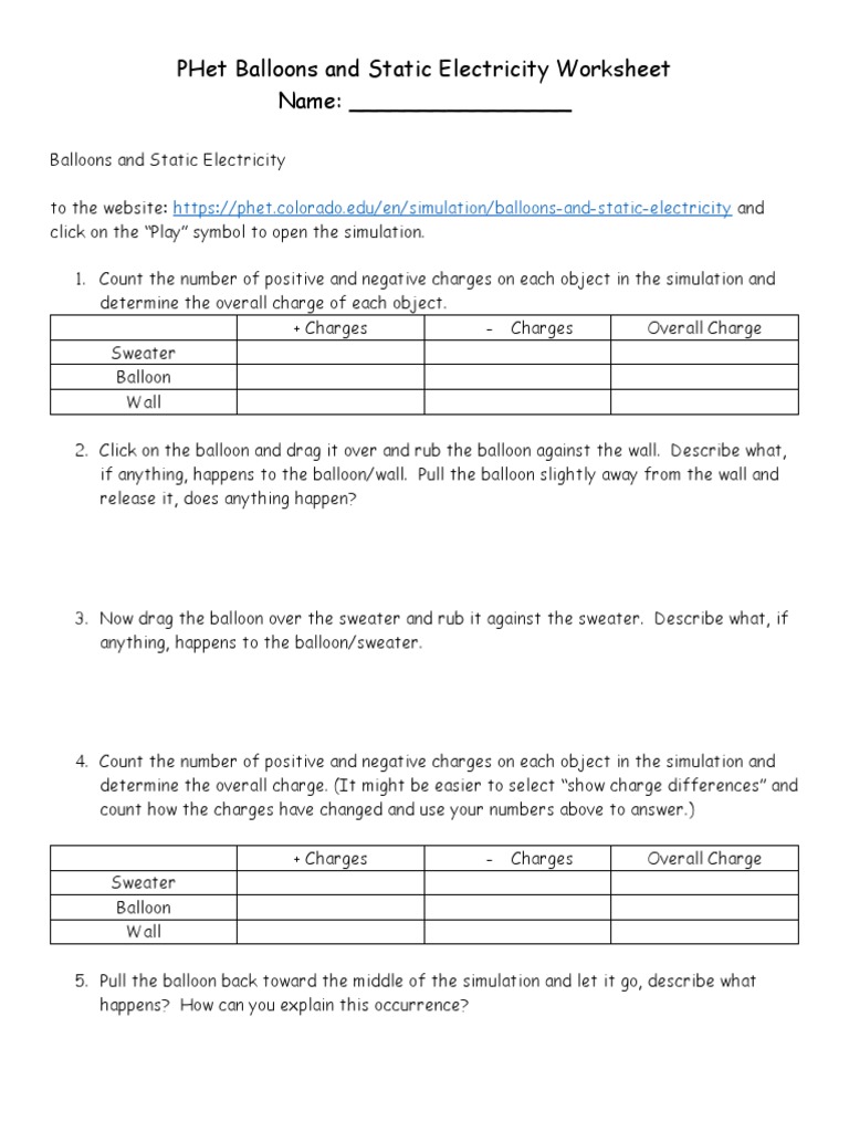 Phet Balloons and Static Electricity Worksheet Name | PDF | Balloon ...
