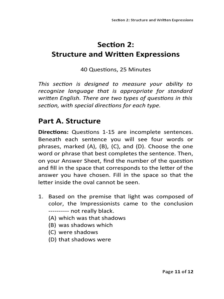 Section 2: Structure and Written Expressions: Directions: Questions 1-15 Are Incomplete ...