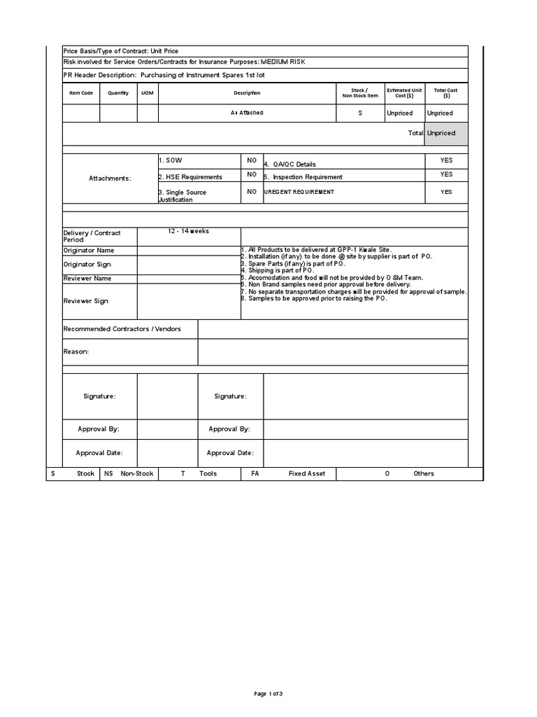 Item Code Quantity UOM Description Stock / Non Stock Item Estimated ...