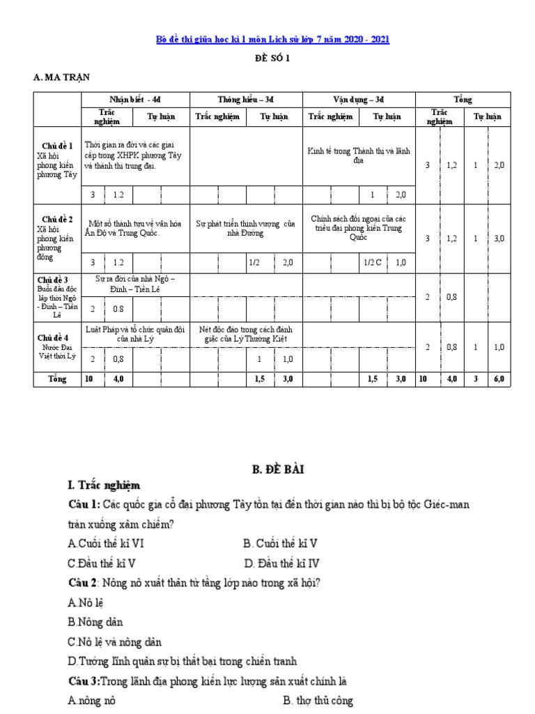 Bo de Thi Giua Hoc Ki I Mon Lich Su 7 | PDF