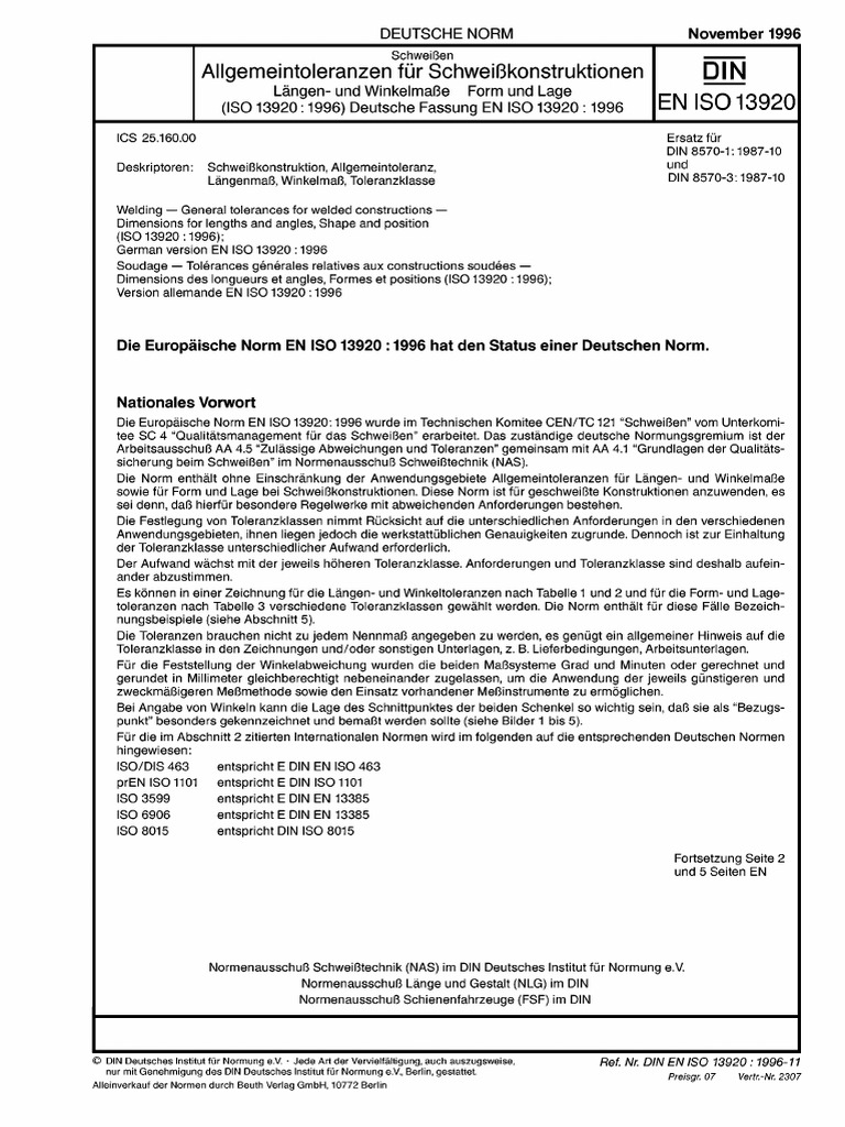 DIN EN ISO 13920 - 11-1996 Toleranzen Schweissen | PDF