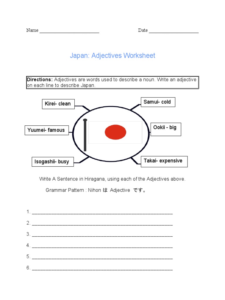 Japan Adjectives Practice Worksheet | PDF | Foreign Language Studies