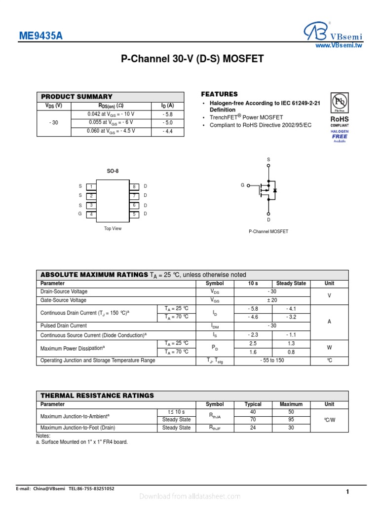 P-Channel 30-V (D-S) MOSFET: Features Product Summary | PDF | Field ...