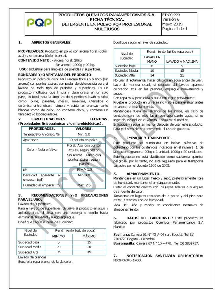 FT CC 229 Detergente en Polvo PQP Profesional Multitusos Ficha Tecnica | PDF | Detergente | Agua