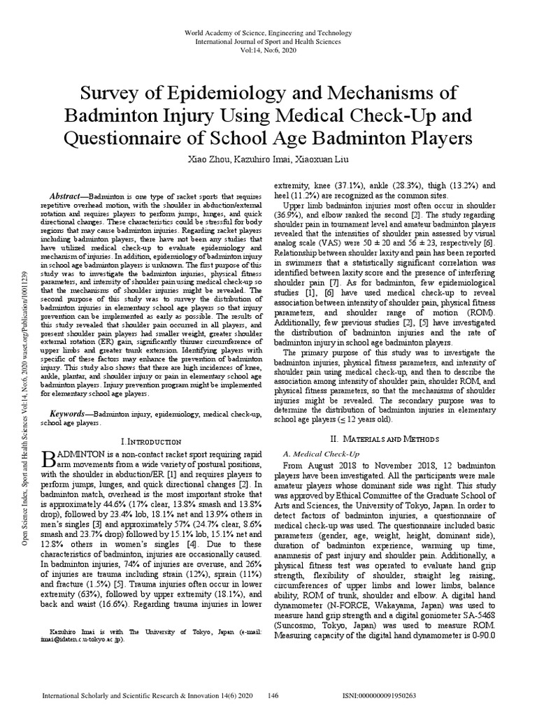 Survey of Epidemiology and Mechanisms of Badminton Injury Using Medical ...