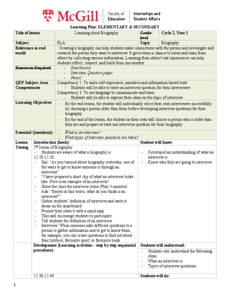 Biography Lesson Plan | PDF | Interview | Question