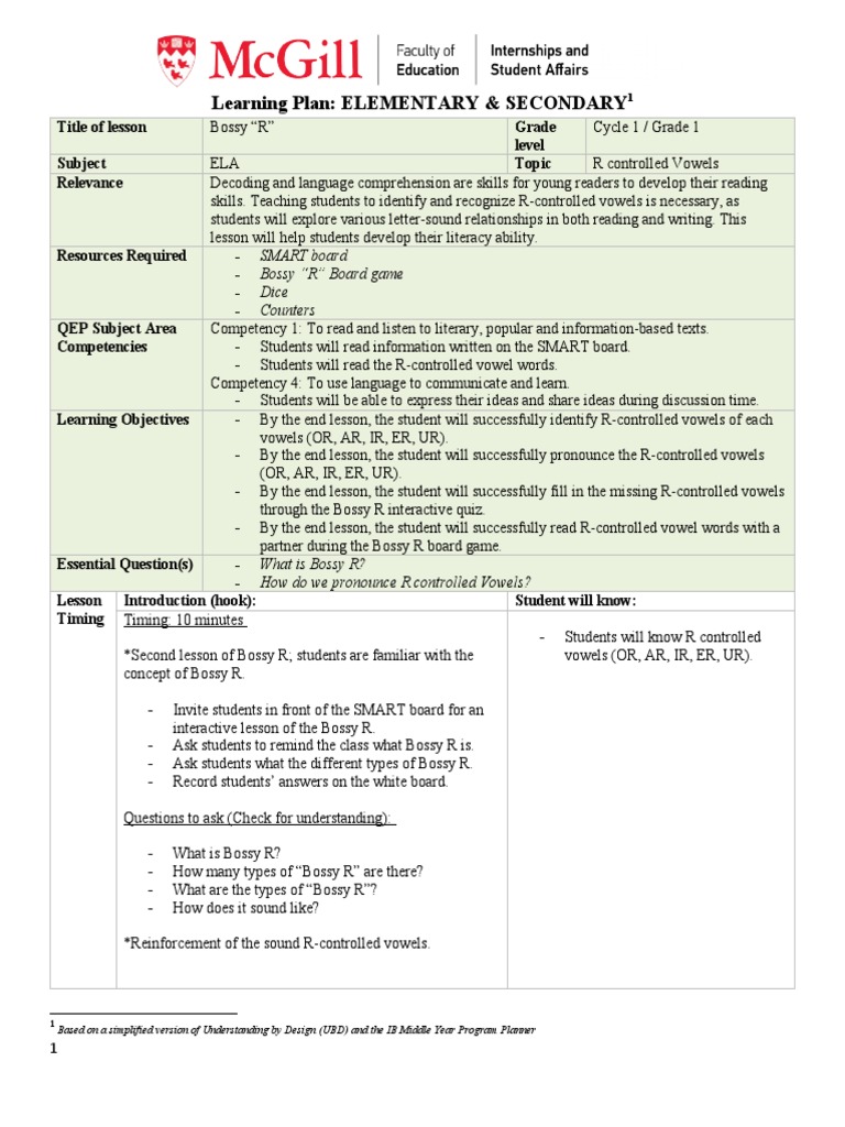Bossy R Lesson Plan | PDF | Educational Technology | Educational Assessment
