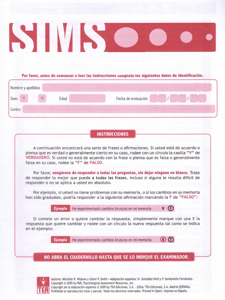 Cuestionario SIMS | PDF