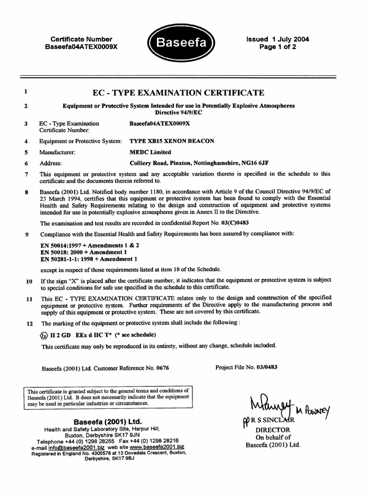 Baseefa 04 ATEX 0009 X | PDF