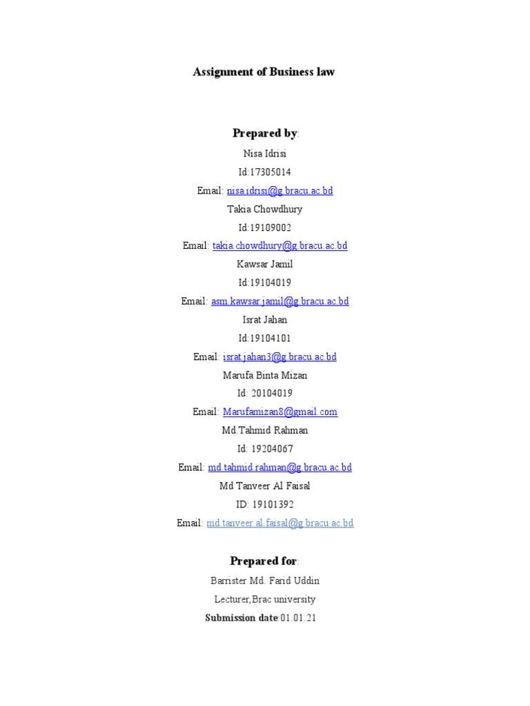 Assignment of Business Law: Nisa - Idrisi@g.bracu - Ac.bd | PDF | Auction | Civil Law (Legal System)
