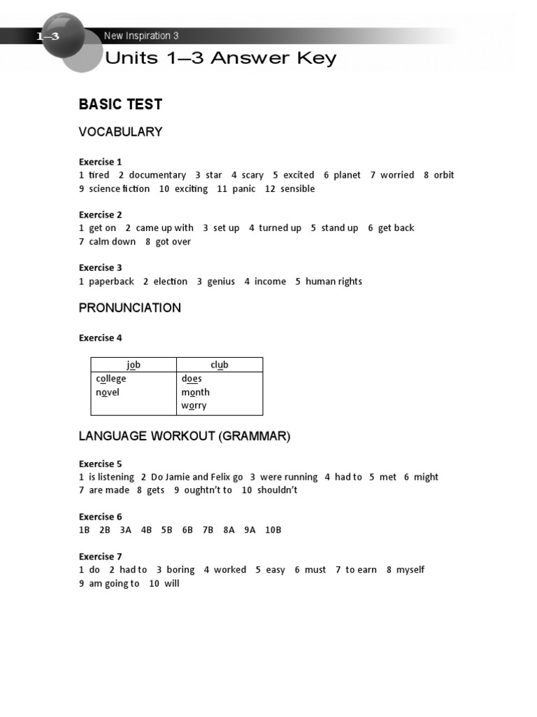 Unit 1 Answer Key Units 1-3 Answer Key: Basic Test | PDF | Linguistics ...
