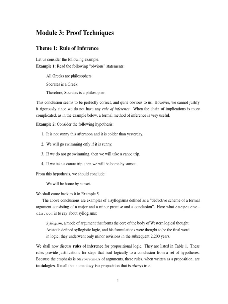 Module 3: Proof Techniques: Theme 1: Rule of Inference | PDF | Mathematical Proof | Logical ...