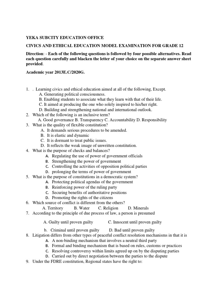 Grade 12 Civics Exam Model Questions | PDF | Ethiopia | Democracy