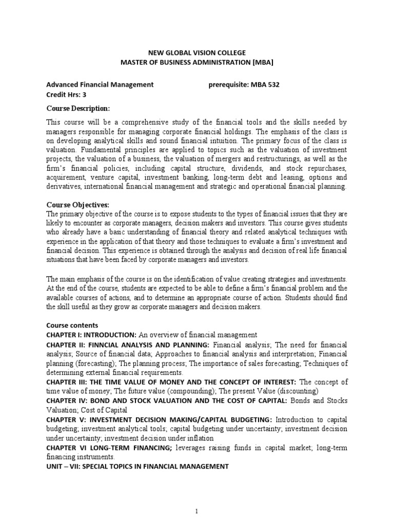 Advanced Financial Management Course Outline | PDF | Valuation (Finance ...