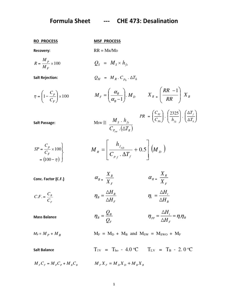 Formula Sheet CHE 473 Exams | PDF | Water | Applied And ...