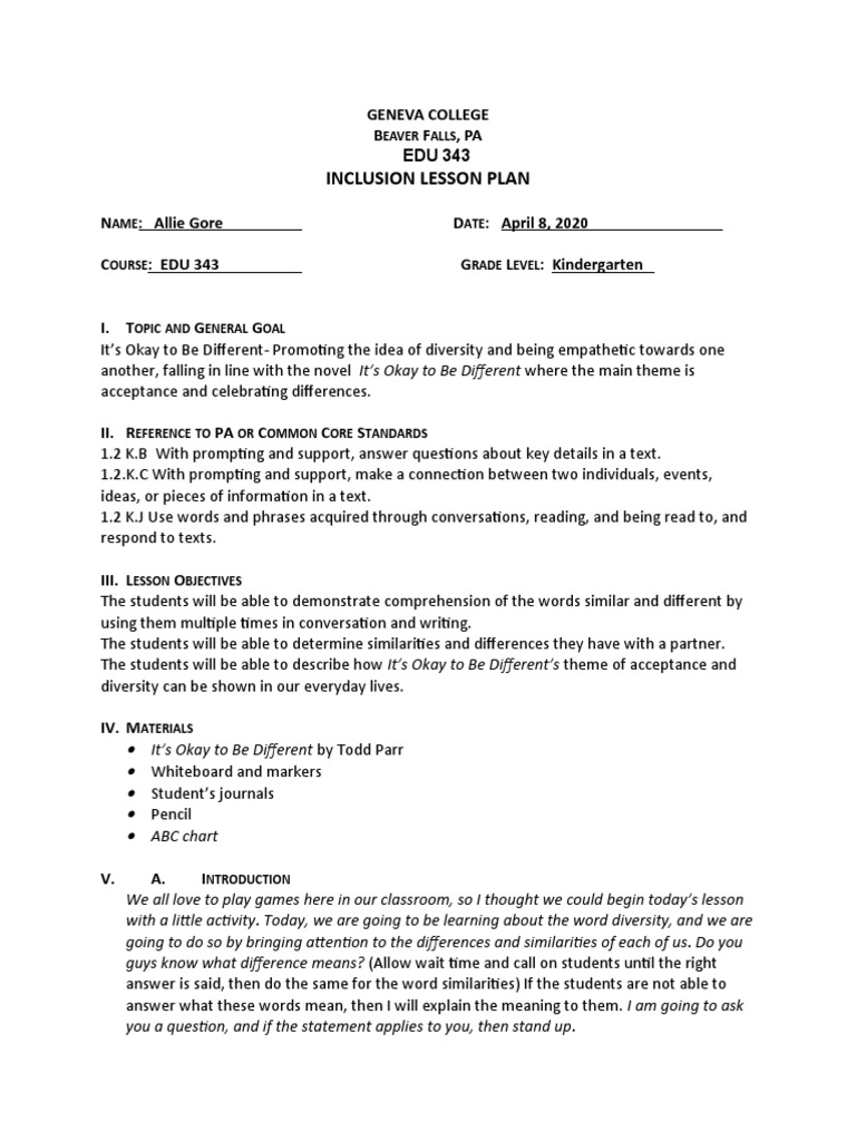 Inclusion Lesson Plan | PDF | Question | Inclusion (Education)