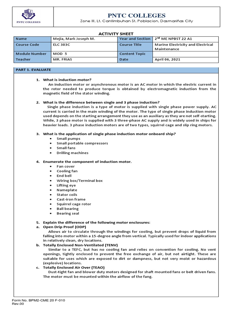 PNTC Colleges: Activity Sheet | PDF | Electric Motor | Relay