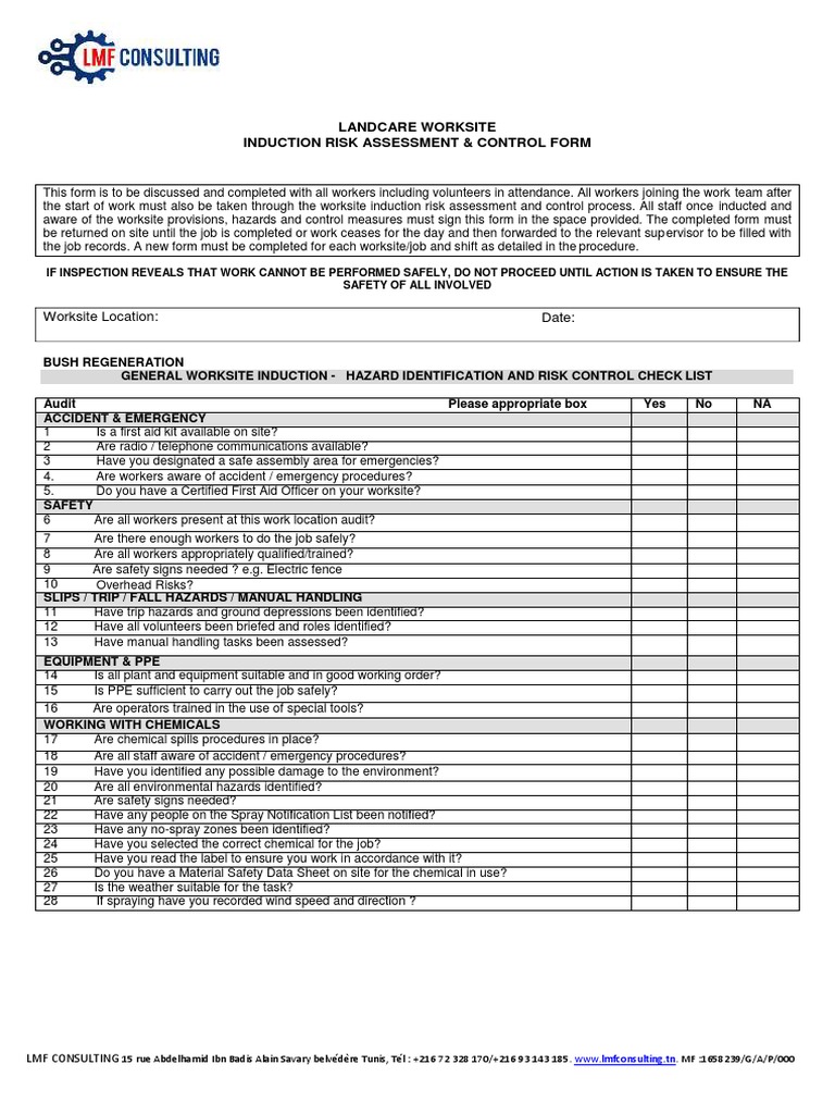 Landcare Worksite Induction Risk Assessment & Control Form | PDF ...