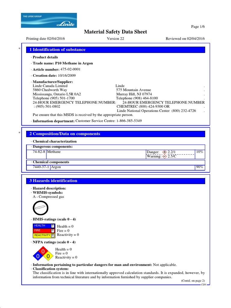 P10 Methane in Argon MSDS | PDF | Dangerous Goods | Toxicity