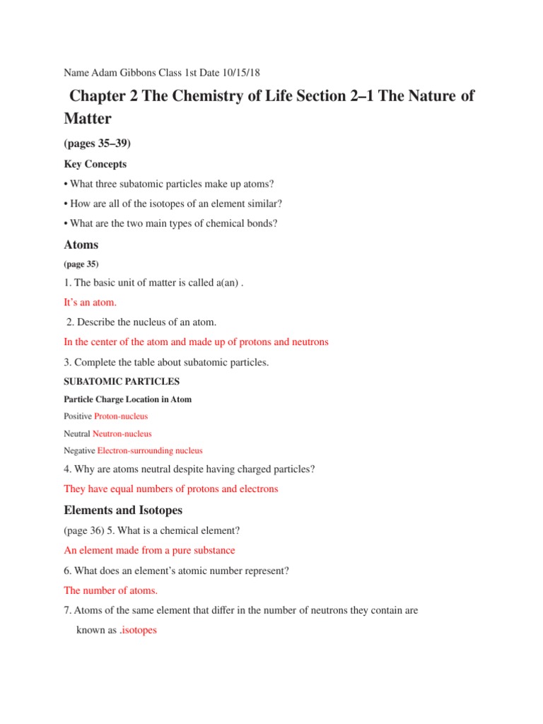 Chapter 2 The Chemistry of Life Section 2-1 The Nature of Matter | PDF ...