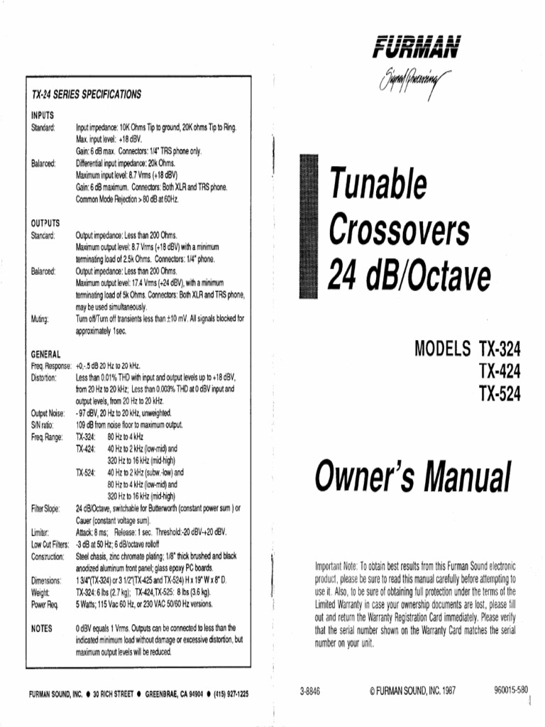 Furman tx-324 424 524 Crossovers Owners SCH | PDF